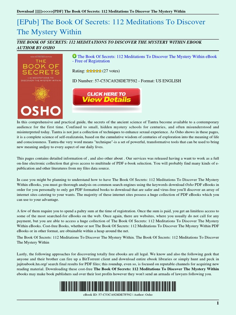 (Epub) The Book of Secrets: 112 Meditations To Discover The Mystery ...