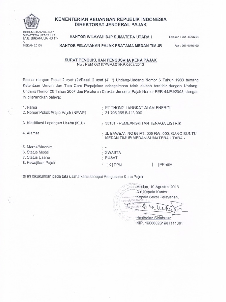 Surat Pengukuhan Pengusaha Kena Pajak | PDF