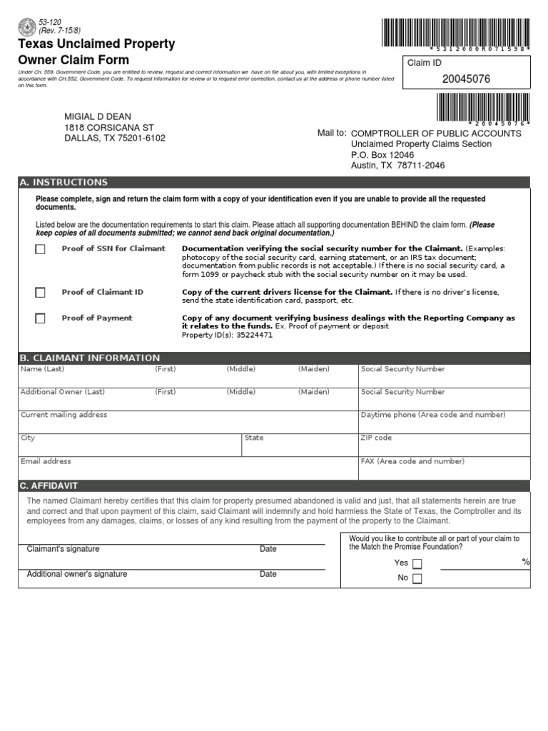 Texas Unclaimed Property Claim Form 53-120 | PDF | Social Security ...