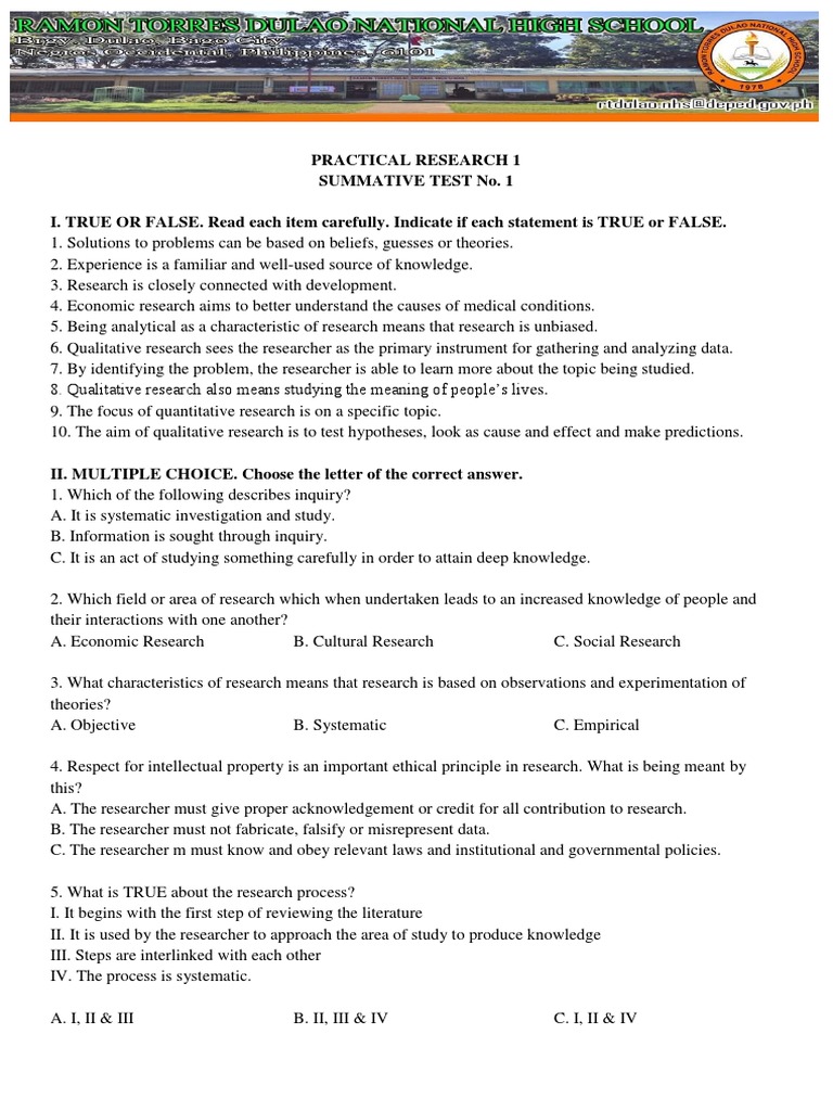 Practical Research 1 Summative Test No. 1 | PDF | Qualitative Research ...