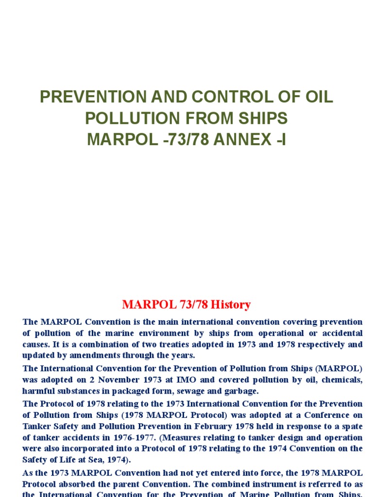 Prevention and Control of Oil Pollution From Ships Marpol - 73/78 Annex ...