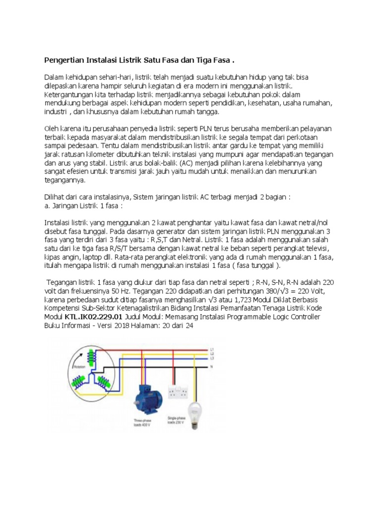 Materi 3 Matpel ITL 6 Agustus 2021 Pengertian Instalasi 1 Fasa Dan 3 Fasa | PDF