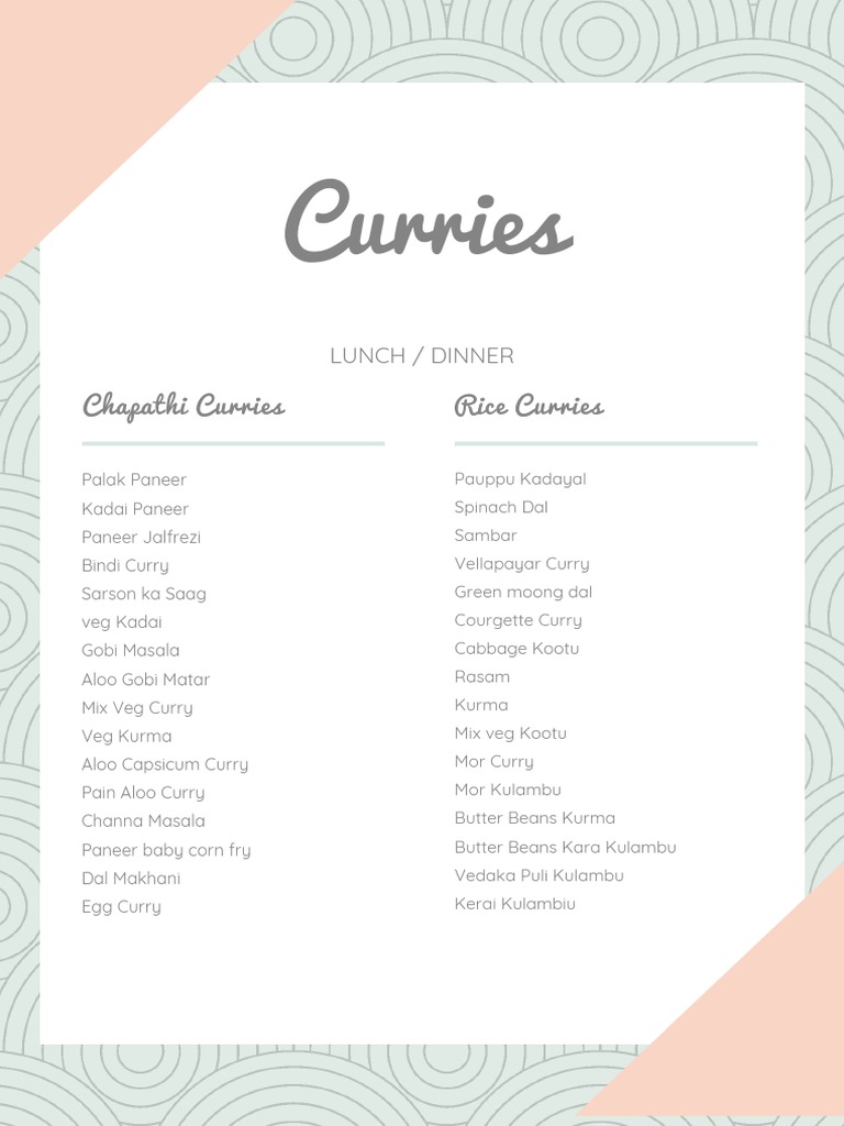 Indian Based Meal Planning Menu | PDF | Curry | Lunch