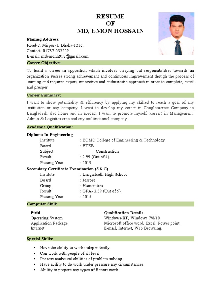 Resume OF MD, Emon Hossain: Mailing Address | PDF | Internet | Bangladesh