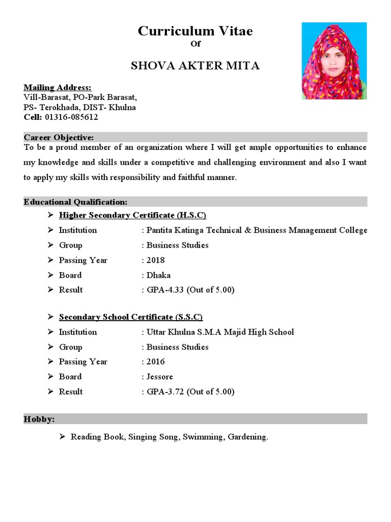 Curriculum Vitae: Shova Akter Mita | PDF
