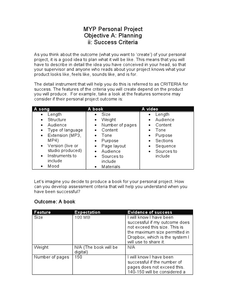 MYP Personal Project Objective A: Planning Ii: Success Criteria | PDF ...