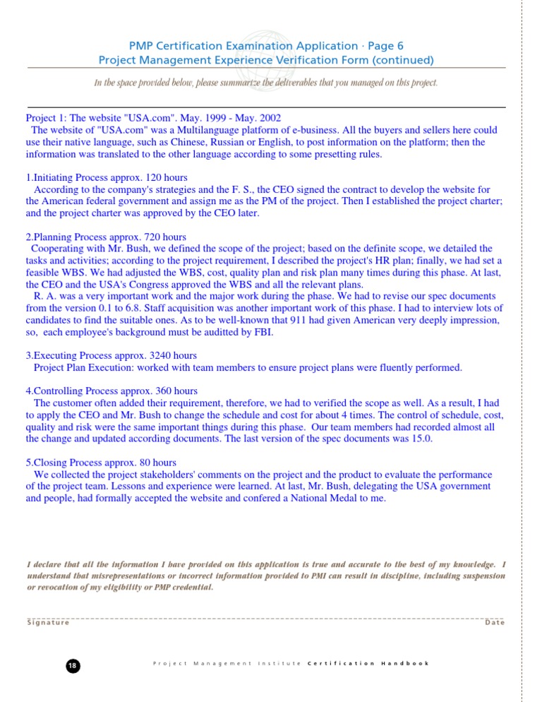PMP Certification Examination Application Page 6 Project Management ...