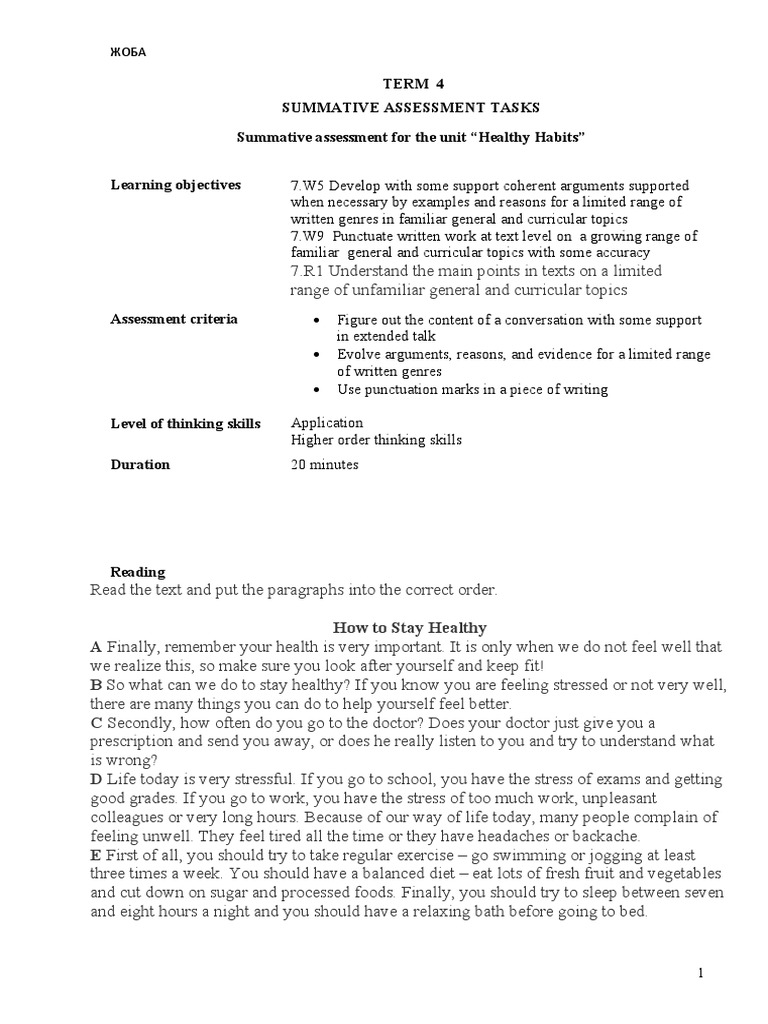 Term 4 Summative Assessment Tasks Summative Assessment For The Unit ...