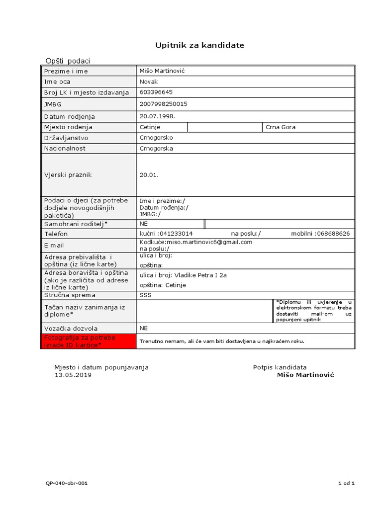 Upitnik Za Finalne Kandidate | PDF