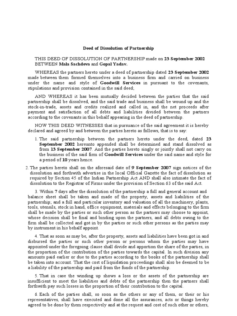 Deed of Dissolution of Partnership | PDF | Partnership | Deed