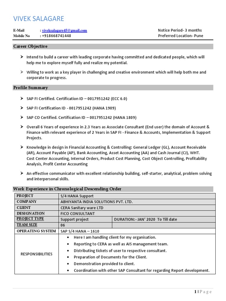 Sap Fico - Resume - Vivek Salagare | PDF | Accounts Payable | Business