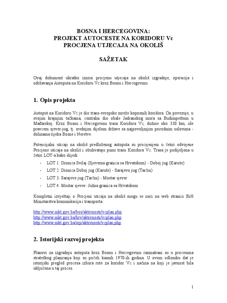 Koridor VC - Studija Utjecaja Na Okolis - 0 | PDF