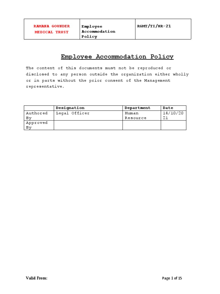 Employee Accommodation Policy v1.0 | PDF | License | Landlord