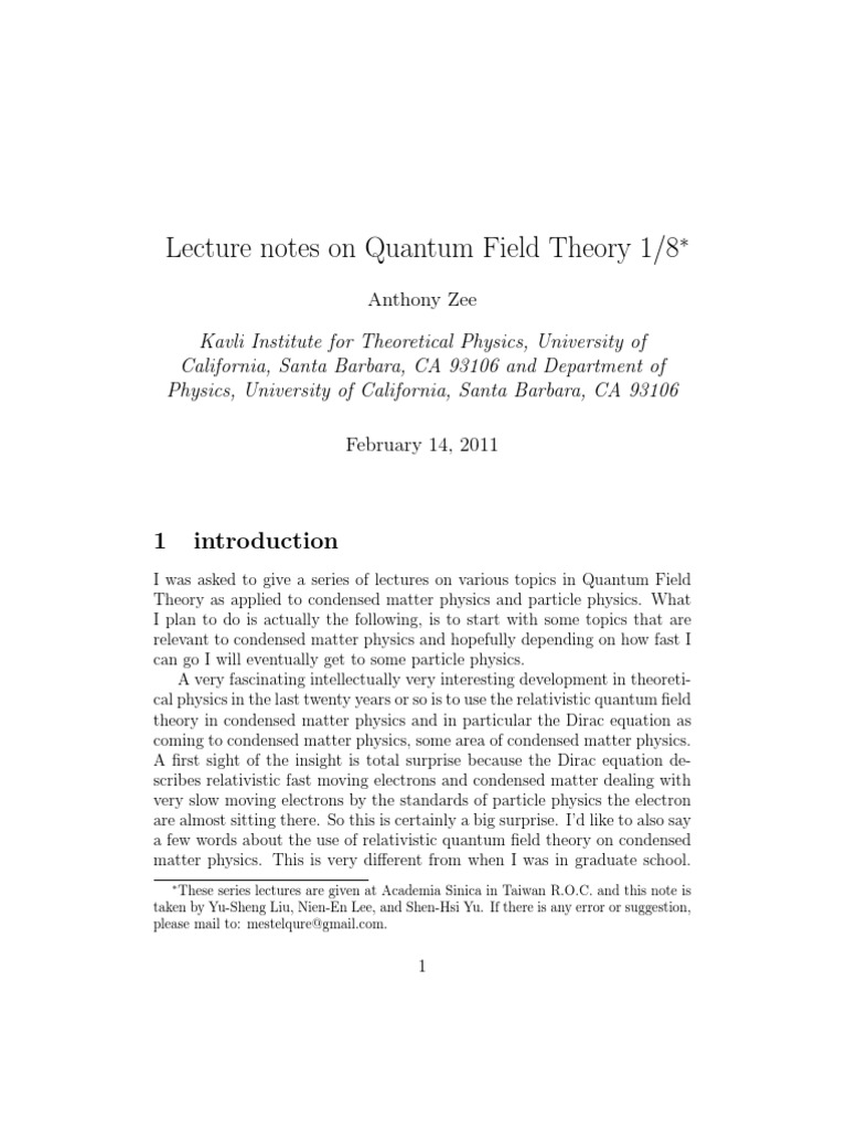 Lecture Notes On QFT by Anthony Zee 1 of 8 | PDF | Field (Physics ...