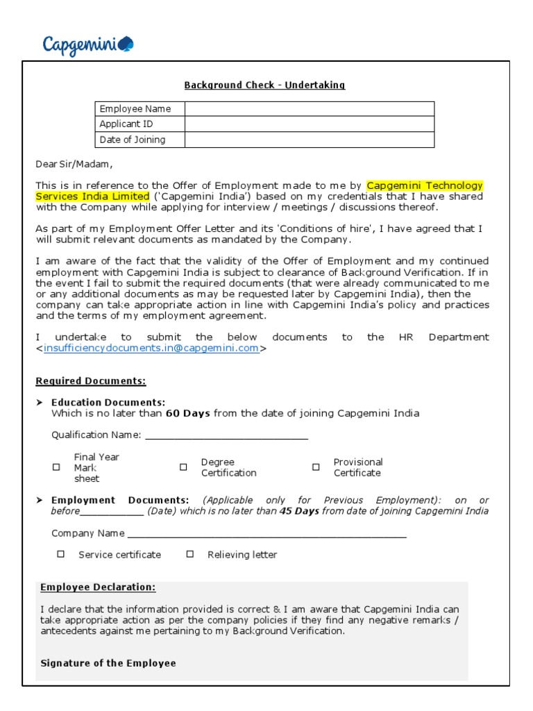 BGV Undertaking Format | PDF