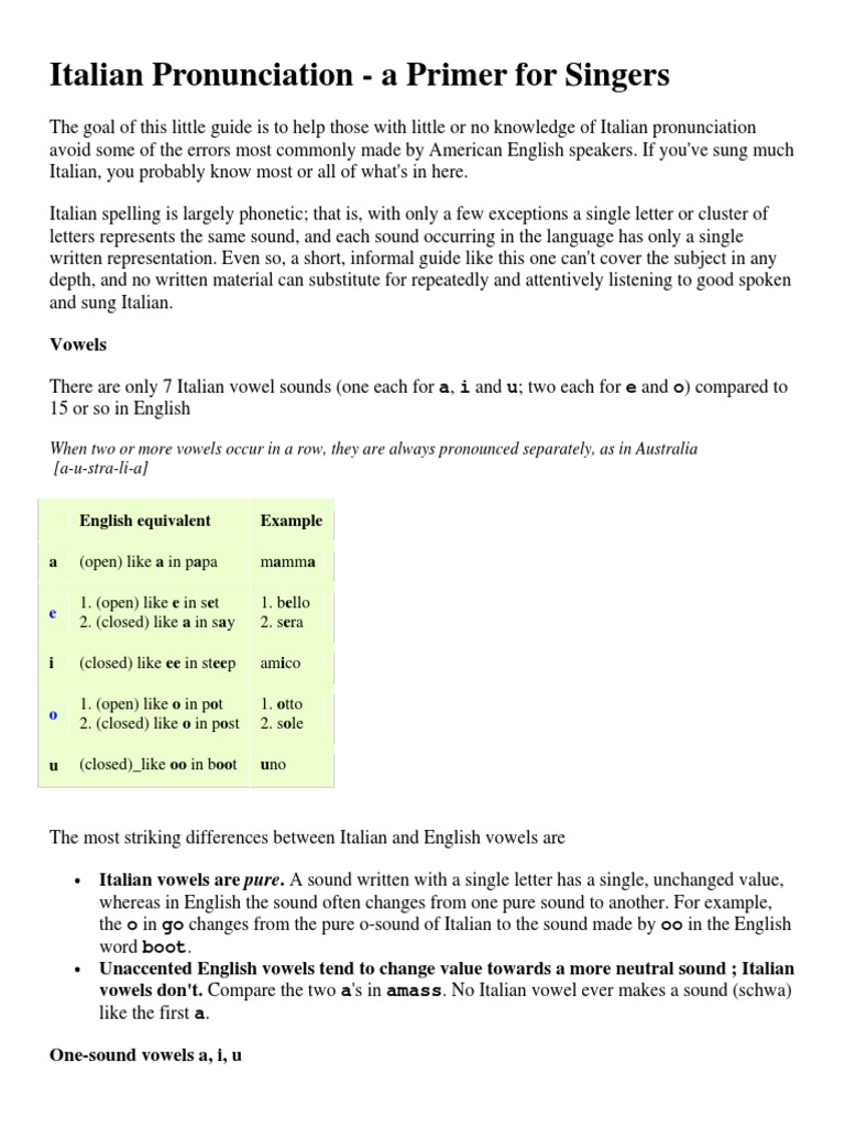 Italian Pronunciation - A Primer For Singers | PDF | English Language ...