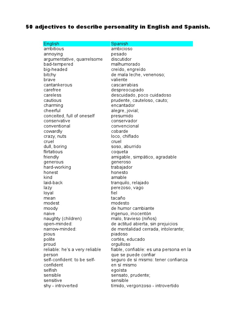 50 Adjectives To Describe Personality Emglish-Spanish | PDF