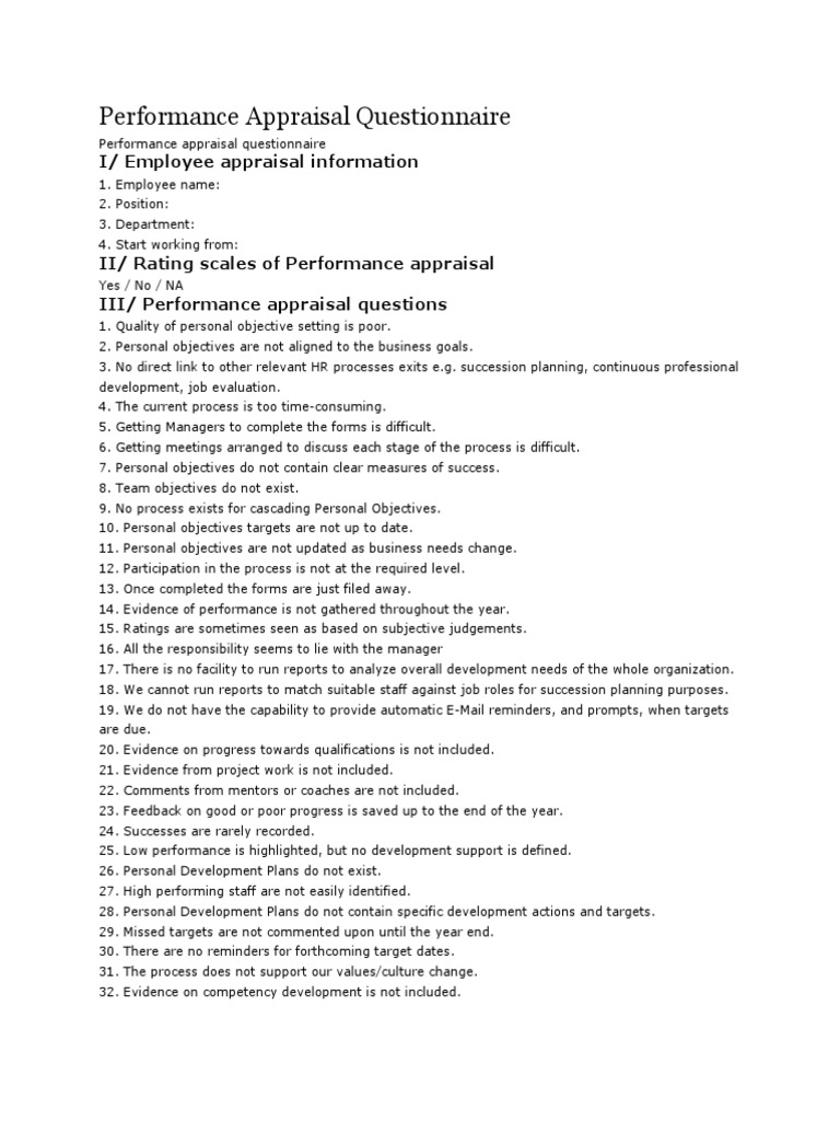 Performance Appraisal Questionnaire Pdf