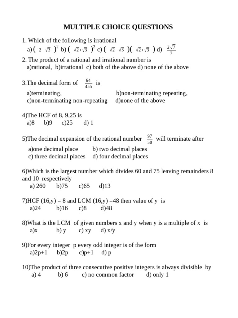 MCQ Real Numbers Class 10 | PDF