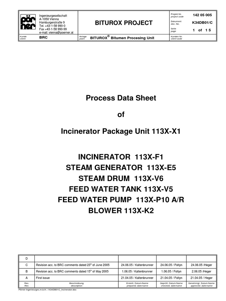 Process Data Sheet of Incinerator Package Unit 113X-X1: Biturox Project ...