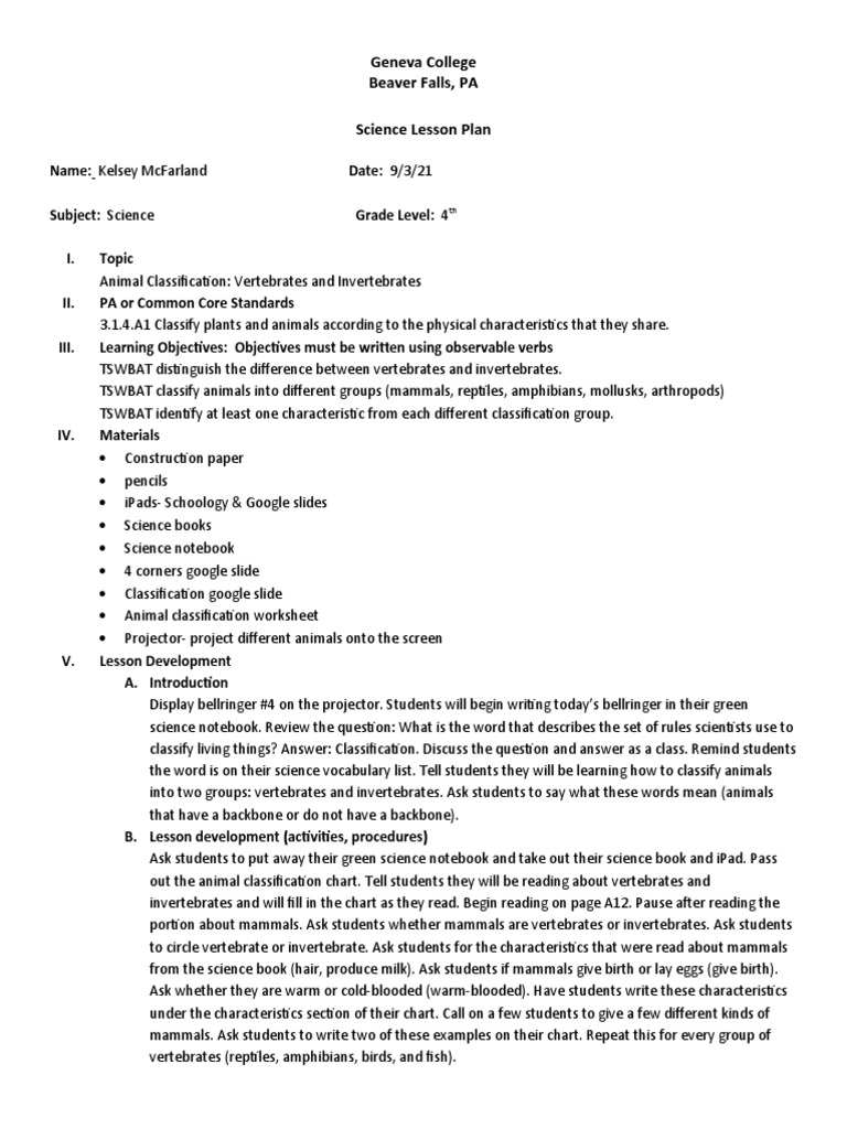 4th Grade Animal Classification Lesson Plan | PDF | Egg | Invertebrate