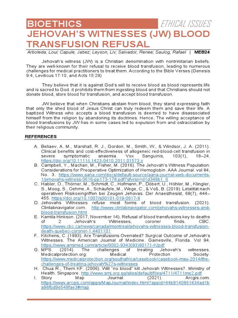 Jehovah'S Witnesses (JW) Blood Transfusion Refusal: Bioethics | PDF | Blood | Blood Transfusion
