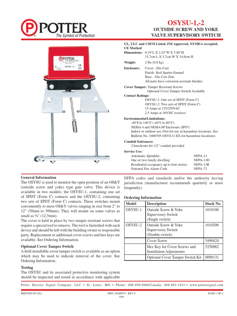 OSYSU-1,-2: Outside Screw and Yoke Valve Supervisory Switch | PDF ...