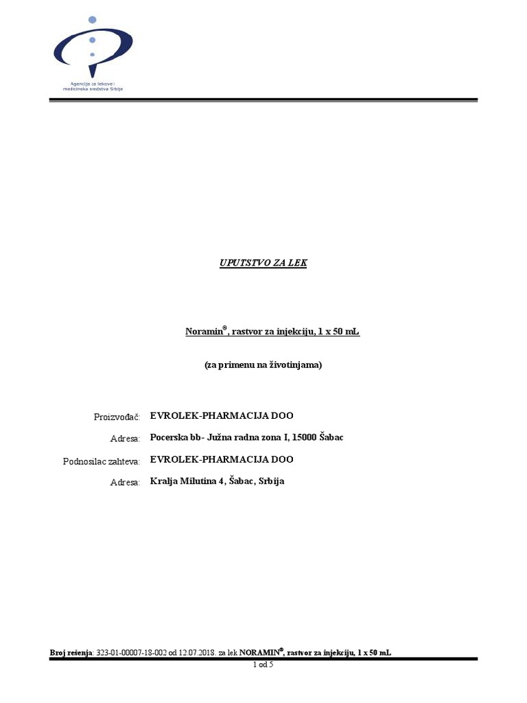 Uputstvo Za Lek: Noramin, Rastvor Za Injekciju, 1 X 50 ML | PDF