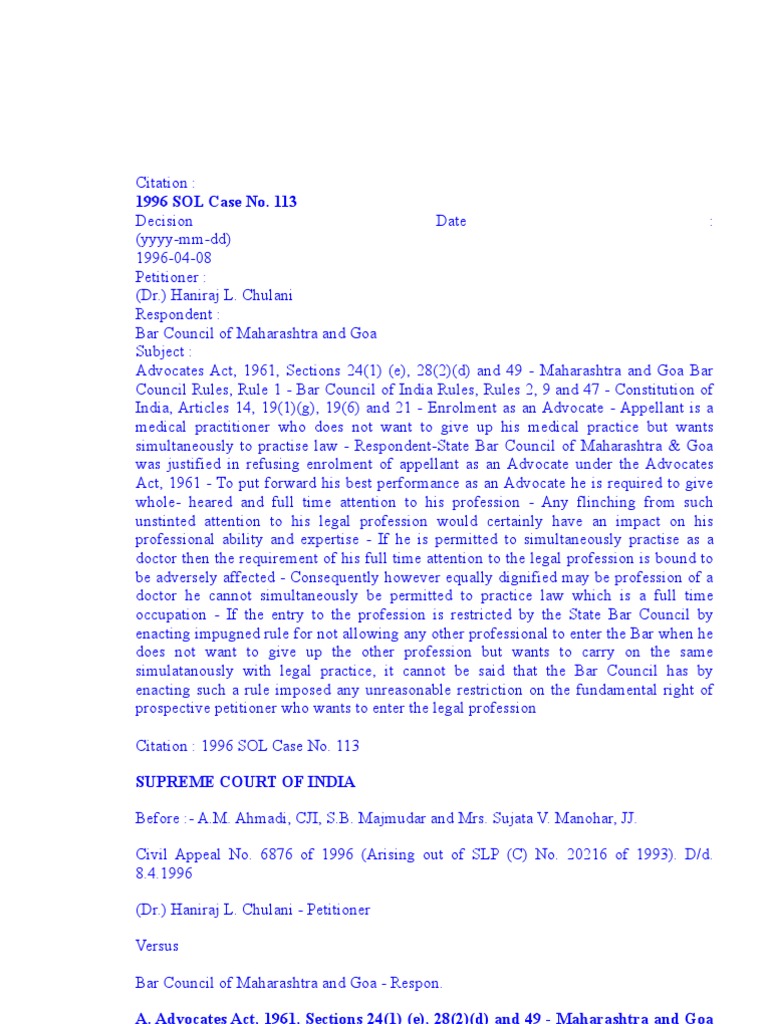 Advocates Act, 1961, Sections 24 (1) (E), 28 (2) (D) and 49 | PDF ...