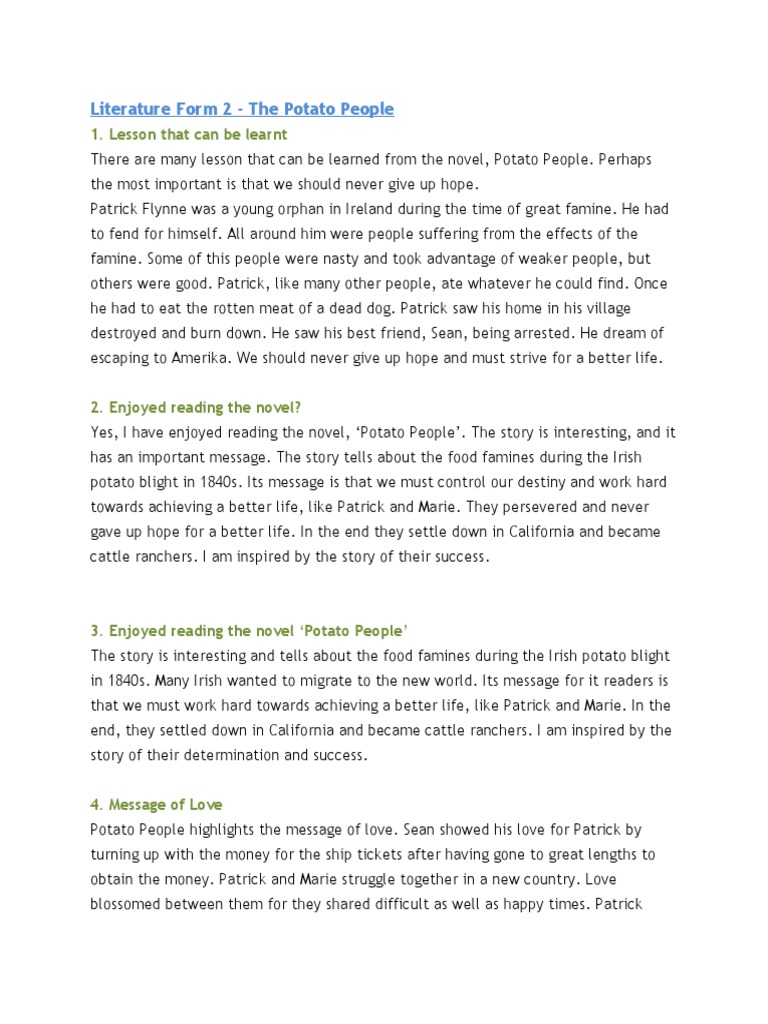 Literature Form 2 - The Potato People: 1. Lesson That Can Be Learnt ...