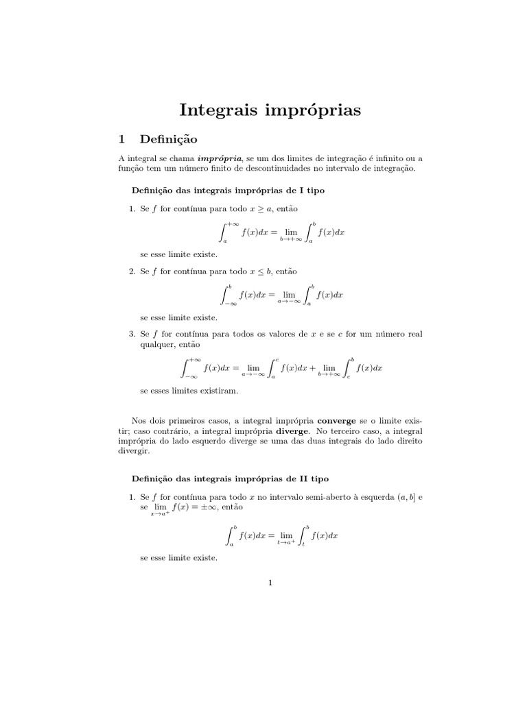 Integrais Impróprias: Definições e Exemplos | PDF | Integrante | Limite ...