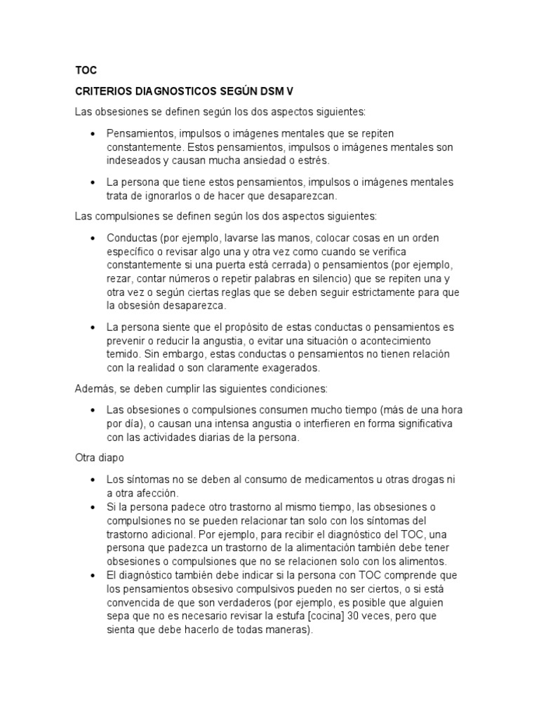 TOC Criterios Diagnosticos Según DSM V | PDF | Desorden obsesivo ...