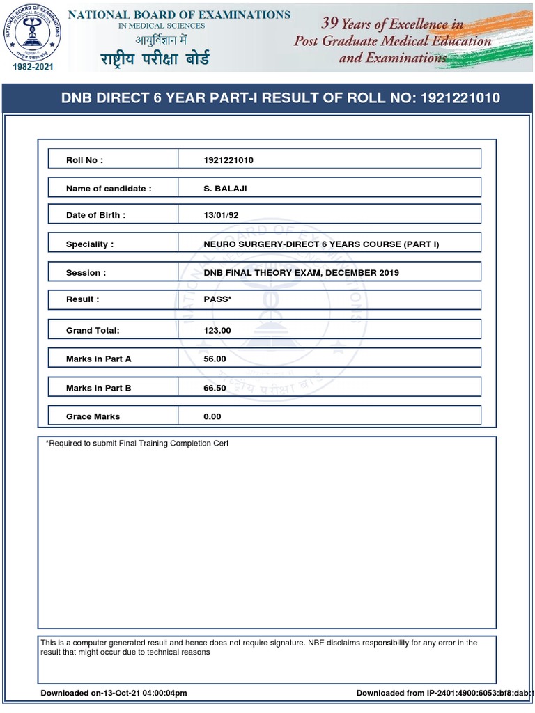 DNB Direct 6 Year Part-I Result of Roll No: 1921221010: Required To Submit Final Training ...