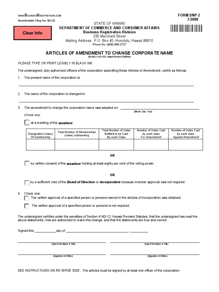 Articles of Amendment To Change Corporate Name: Clear Info | PDF ...