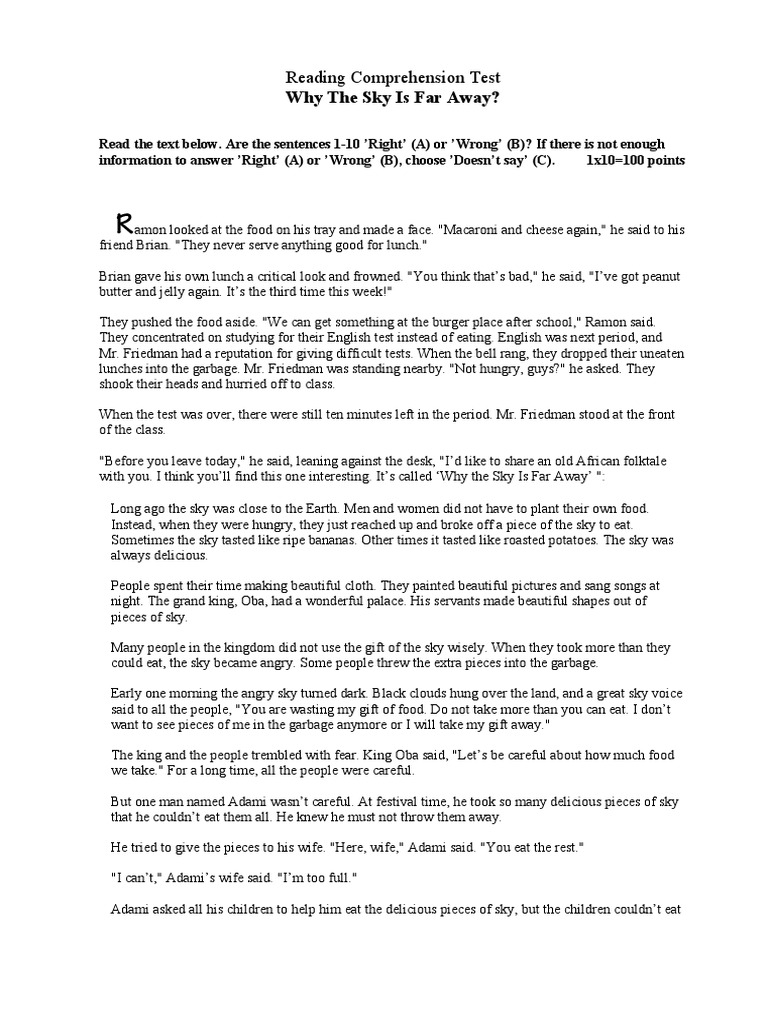 Why The Sky Is Far Away?: Reading Comprehension Test | PDF