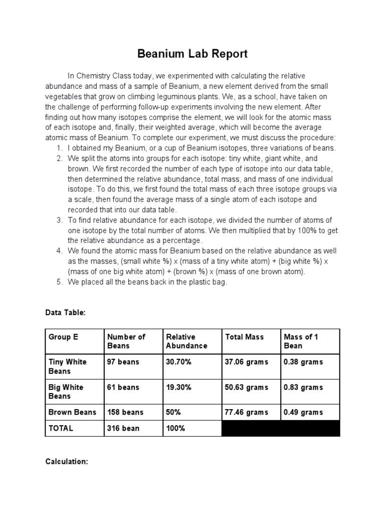 Beanium LAB REPORT | PDF | Isotope | Chemical Elements