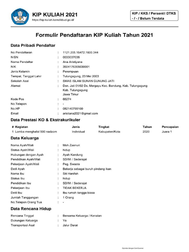 1121205154721600344-Formulir-Peserta-KIP-Kuliah-2021 (2) - Halaman 1 | PDF