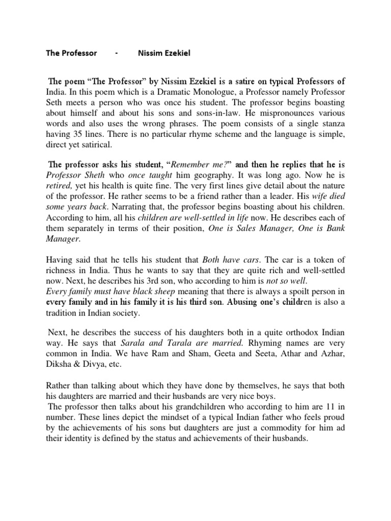 The Professor - Nissim Ezekiel | PDF | Poetry