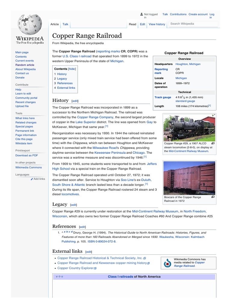 Copper Range Railroad: History | PDF | Wikipedia | Rail Transport