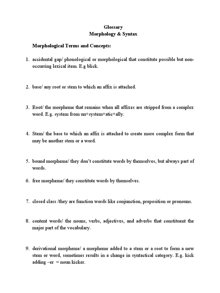 Glossary Morphology & Syntax Morphological Terms and Concepts | PDF ...