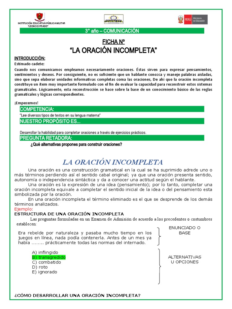 Ficha-Oraciones Incompleta | PDF | Oración (Lingüística) | Cognición