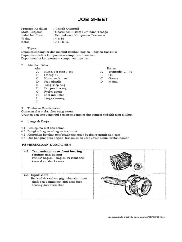 Job Sheet Pemeriksaan Transmisi Manual | PDF | Teknologi & Rekayasa