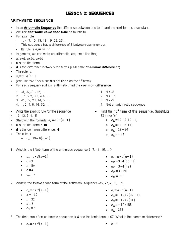 Lesson 2: Sequences: Arithmetic Sequence | PDF | Mathematics | Arithmetic