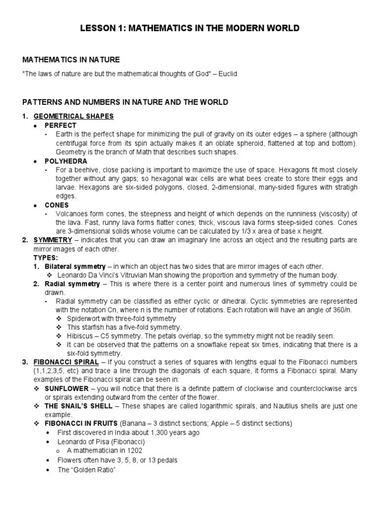 Lesson 1 - Mathematics in The Modern World | PDF | Pattern | Fractal