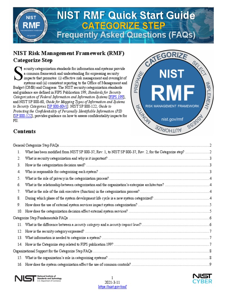 Nist Rmf Categorize Step Faqs Pdf Information Security Risk Management