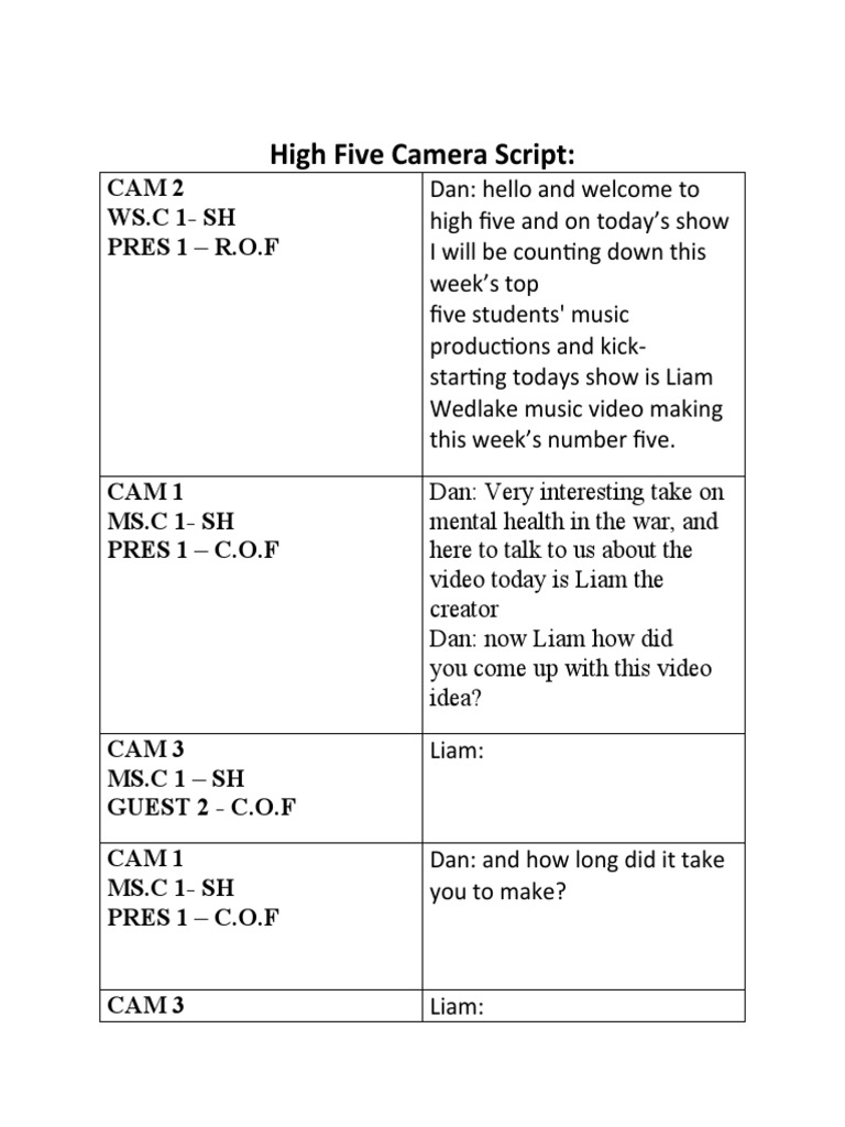 High Five Camera Script | PDF