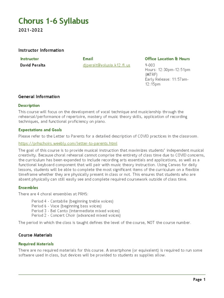 PRHS Chorus Syllabus 2021-2022 | PDF | Curriculum | Choir