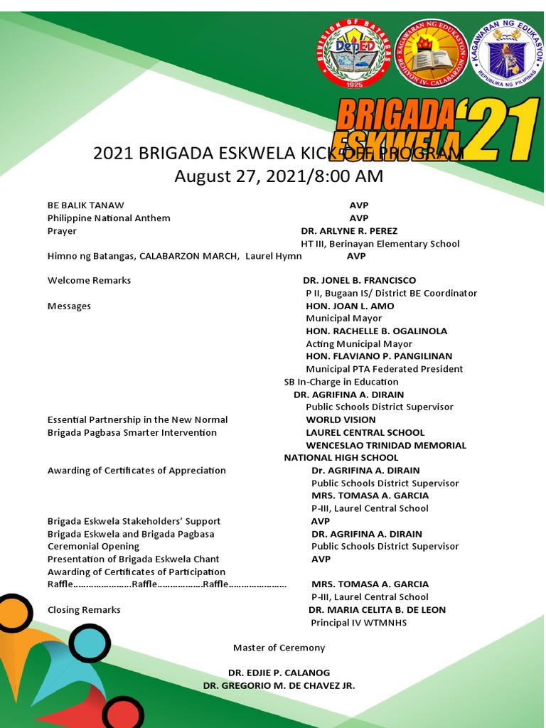 2021 Brigada Eskwela Kick Off Program Final | PDF