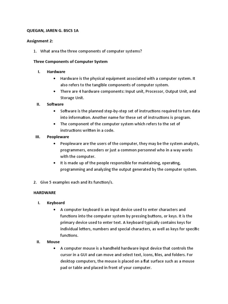 Quegan, Jaren G. Bscs 1A Assignment 2 | PDF | Input/Output | Computer Hardware