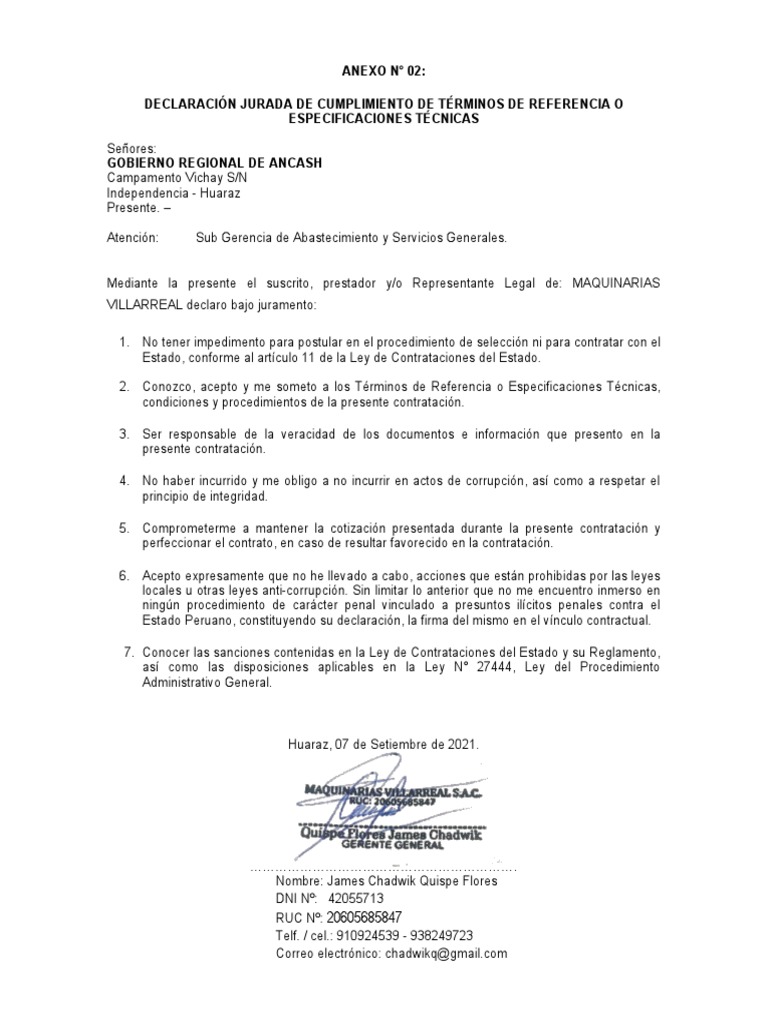 Anexo #02 Declaración Jurada | PDF